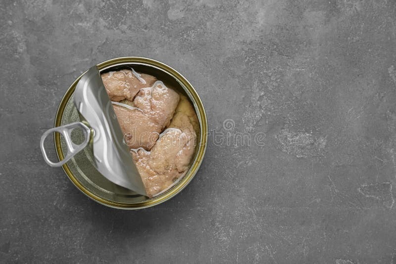 Open Tin Can of Tasty Cod Liver on Grey Table, Top View. Space for Text ...
