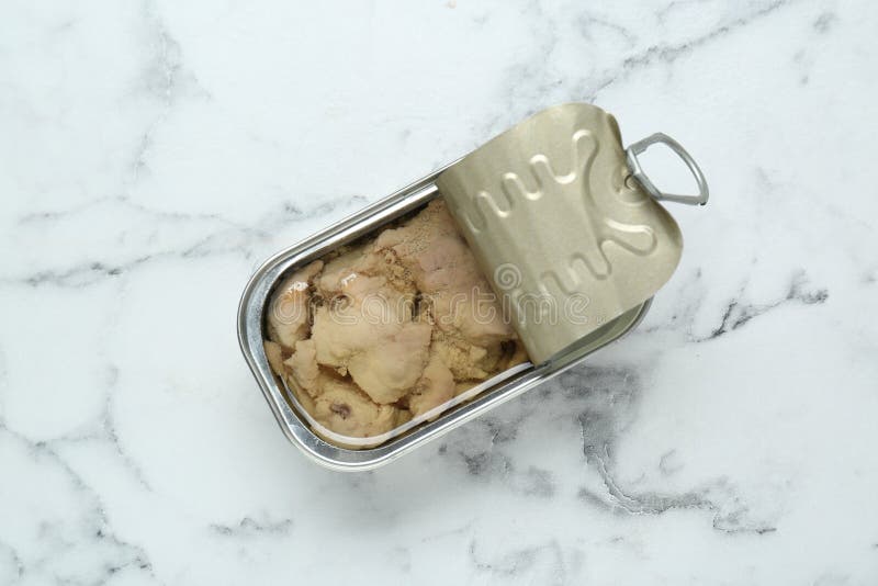 Open Tin Can of Tasty Cod Liver on White Marble Table, Top View Stock ...