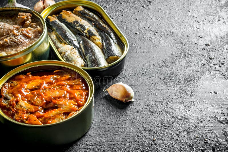 Open Tin Cans with Canned Fish and Meat Stock Image - Image of smoked ...