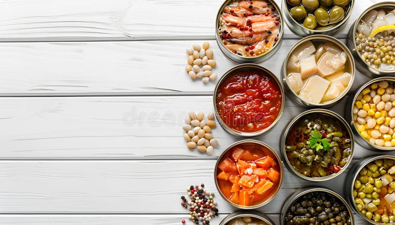 Open Tin Cans with Different Food on Table Stock Photo - Image of ...