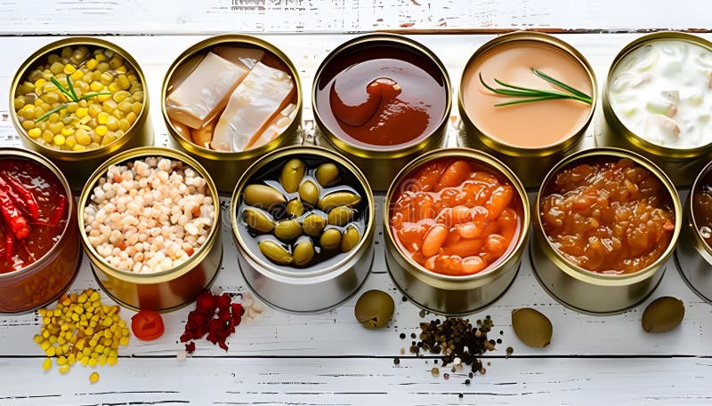 Open Tin Cans with Different Food on Table Stock Photo - Image of pack ...