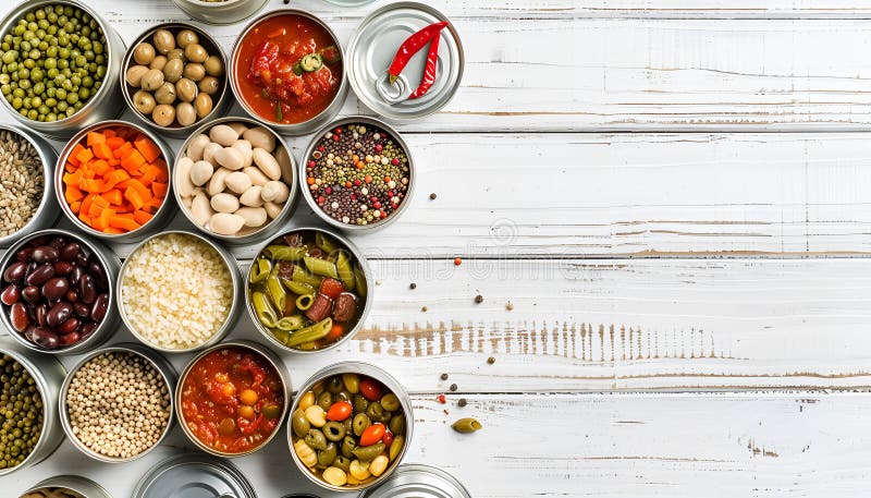 Open Tin Cans with Different Food on Table Stock Photo - Image of ...