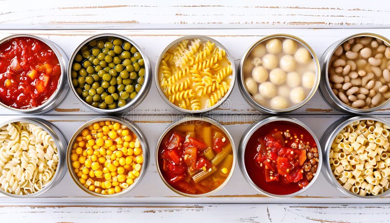 Open Tin Cans with Different Food on Table Stock Image - Image of ...