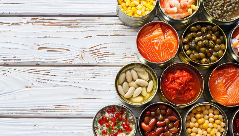 Open Tin Cans with Different Food on Table Stock Photo - Image of oily ...