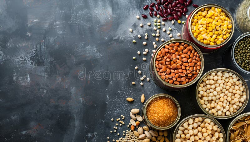 Open Tin Cans with Different Food on Table Stock Image - Image of ...