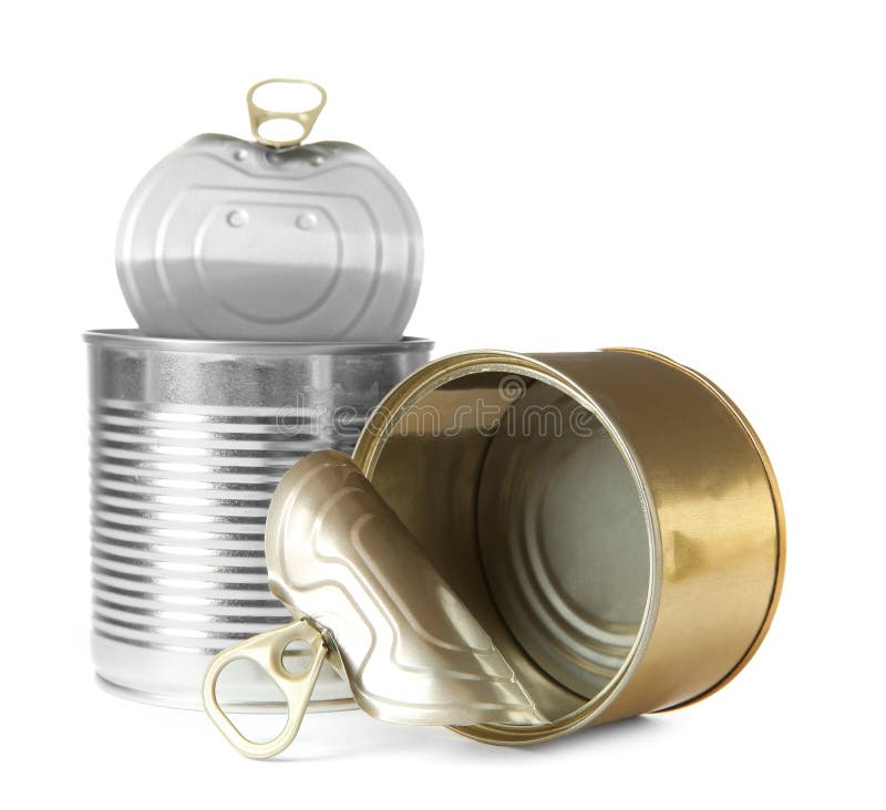 Open Tin Cans Isolated on White, Mockup for Stock Photo - Image of ...