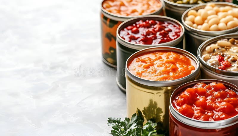 Open Tin Cans with Various Canned Products on White Table, Close-up ...