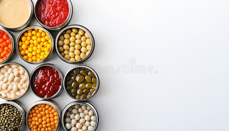Open Tin Cans with Various Canned Products on White Table, Close-up ...