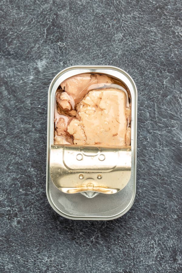 Open Tin Container with Cod Liver. Canned Seafood, Vertical Image. Top ...