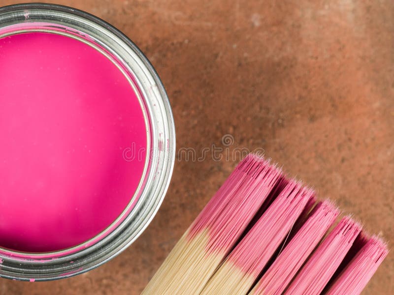 Tin of Pink Paint and a Paint Brush Stock Photo - Image of spring ...