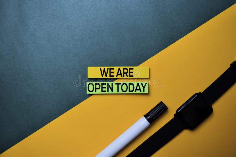 We are Open Today Text on Top View Color Table Background Stock Photo ...