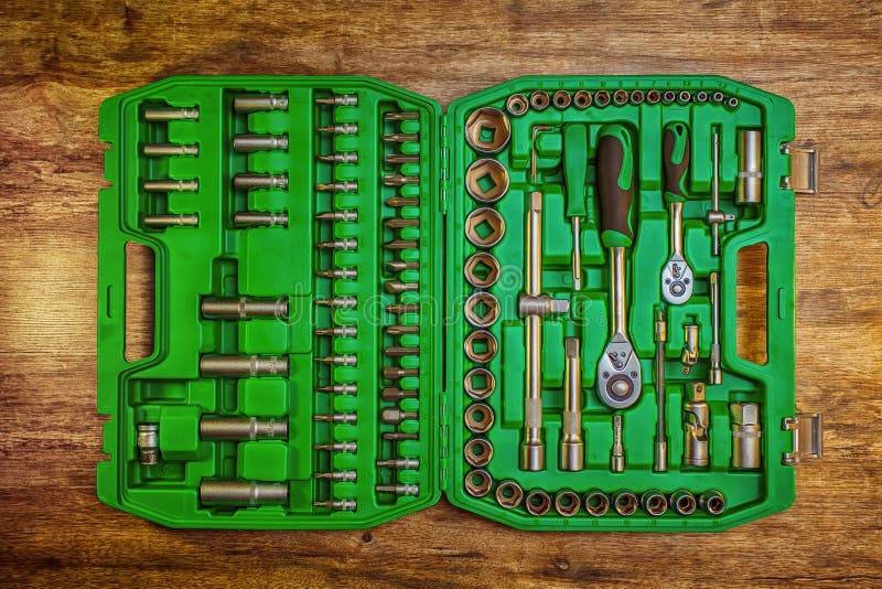 Open Toolbox with Different Instruments on Wooden Workbench. Stock ...