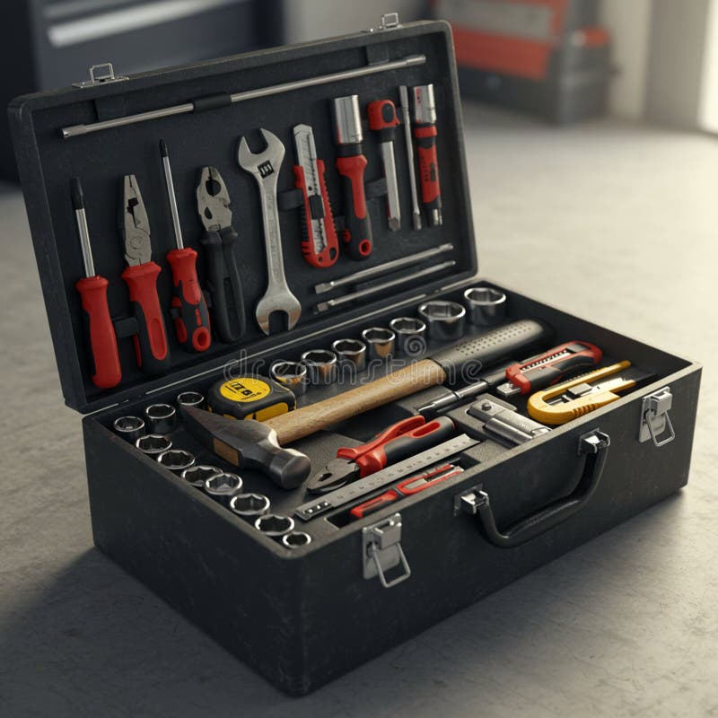 Open Toolbox Displaying Neatly Organized Tools Including Screwdrivers with Red Stock ...