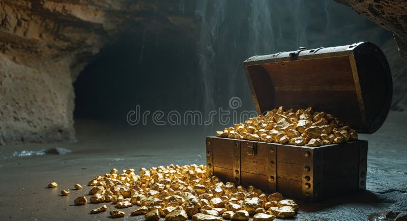 An Open Treasure Chest Filled with Gold Nuggets Inside a Cave Stock ...