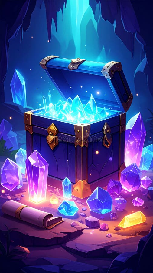 Open Treasure Chest Filled with Sparkling Crystals in a Deep Blue Cave ...