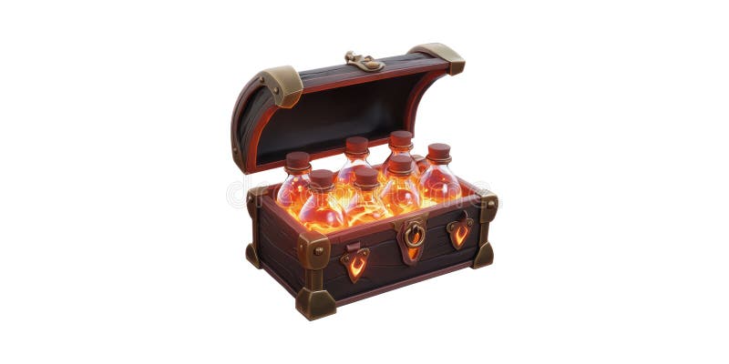 Open Treasure Chest with Glowing Potion Bottles. Fantasy Gaming and ...