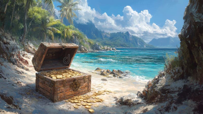 Open Treasure Chest on Tropical Beach Stock Illustration - Illustration ...