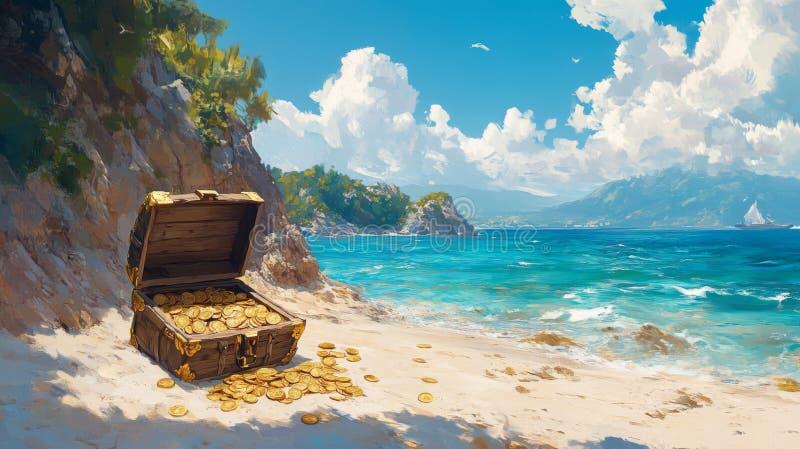 Open Treasure Chest on Tropical Beach Stock Illustration - Illustration ...