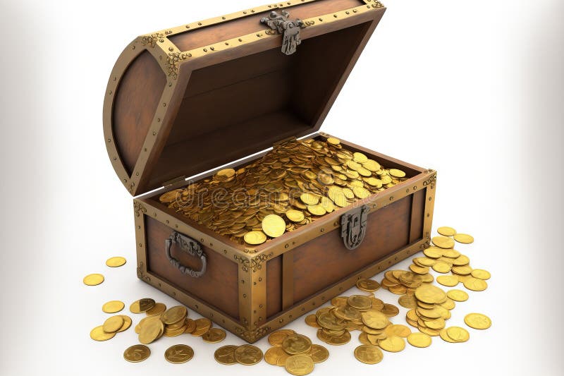Open Treasure Chest on White Background with Gold Coins Inside Stock ...