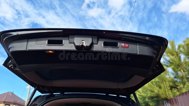 Open Trunk Lid of Modern Black Suv Under Blue Sky with Clouds Stock ...