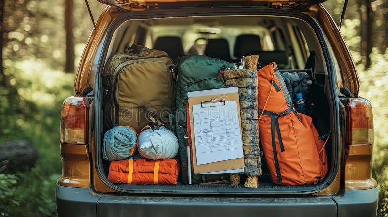 Open Trunk of SUV Packed with Camping Equipment, Checklist on Clipboard ...