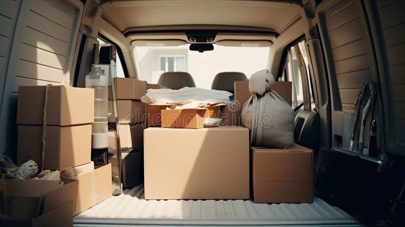 Open Trunk of a Truck with Things in Boxes Stock Image - Image of send ...
