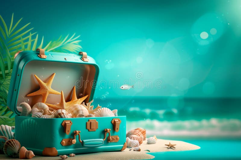 Open Turquoise Suitcase with Seashells on Beach. Generative Ai Stock ...