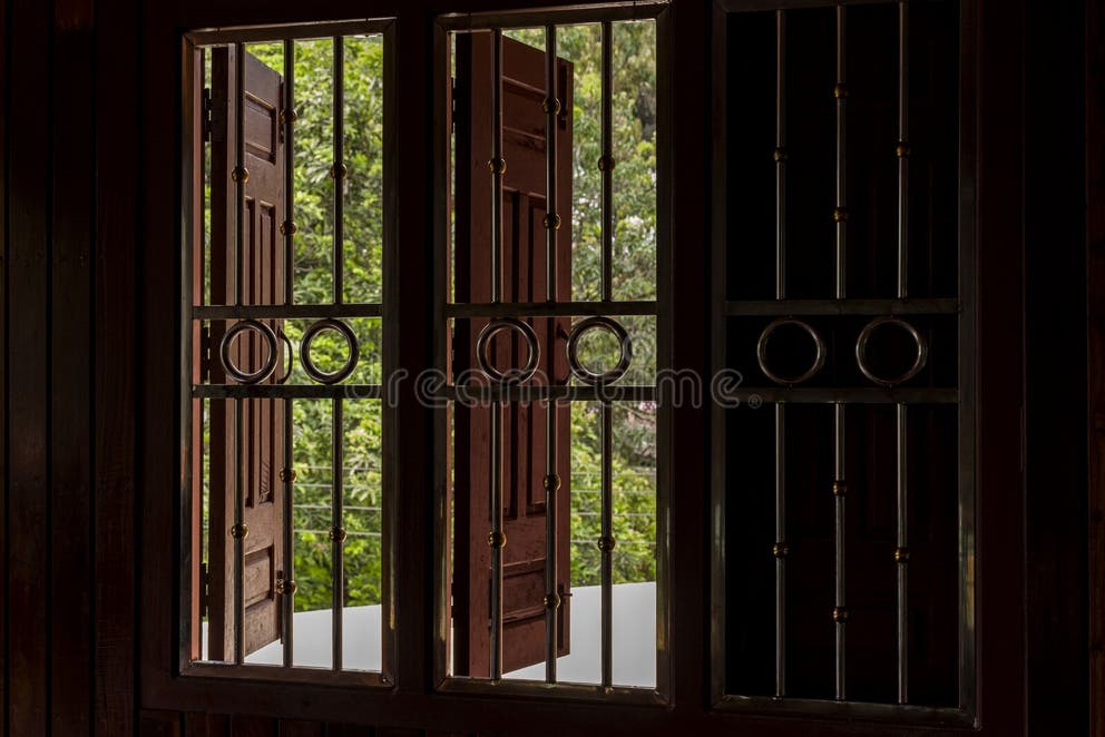 Open Two Windows on the Old Red Wooden Wall Stock Photo - Image of ...