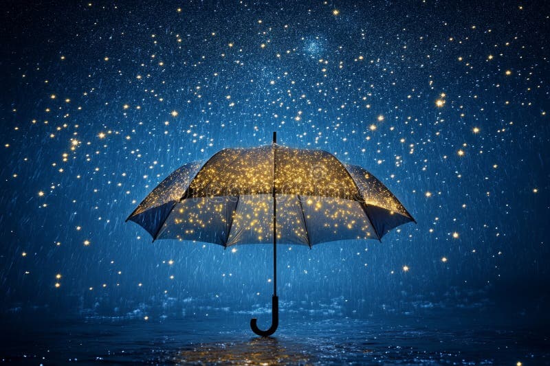 Open Umbrella Protecting from a Rain of Falling Stars during a Dark and ...