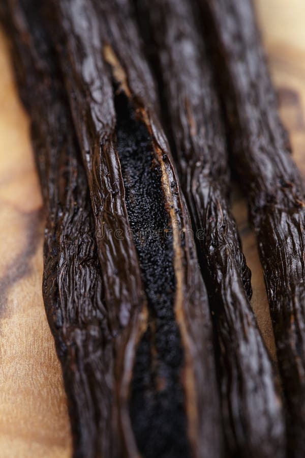 Open Vanilla Pod on Olive Board Stock Image - Image of natural, dark ...