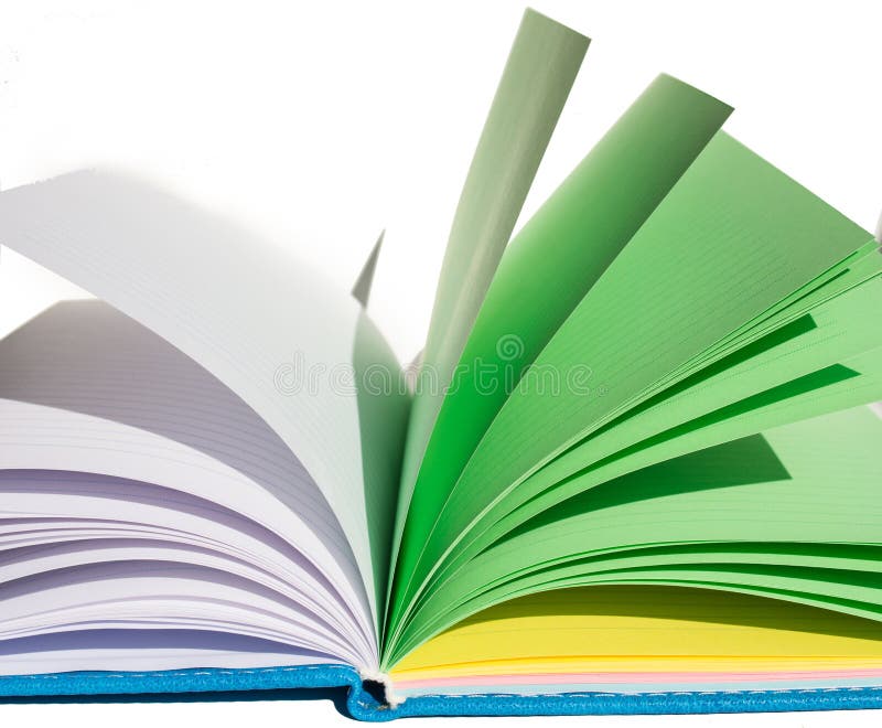 Open Varicolored Notebook Lies on Surface, Horizontal Closeup Stock ...