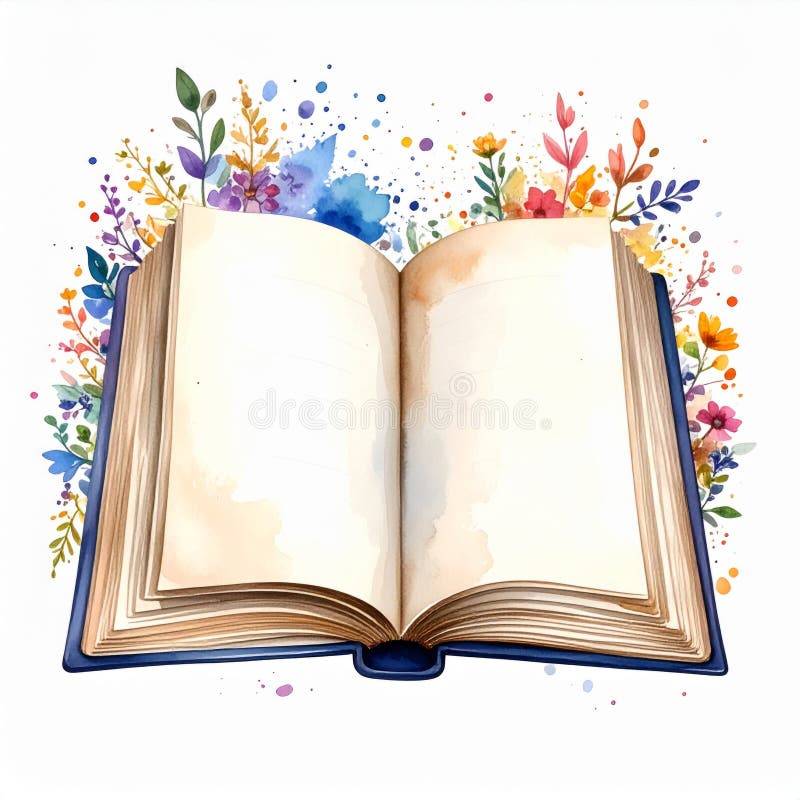 Open Vintage Book with Watercolor Flowers Stock Illustration ...