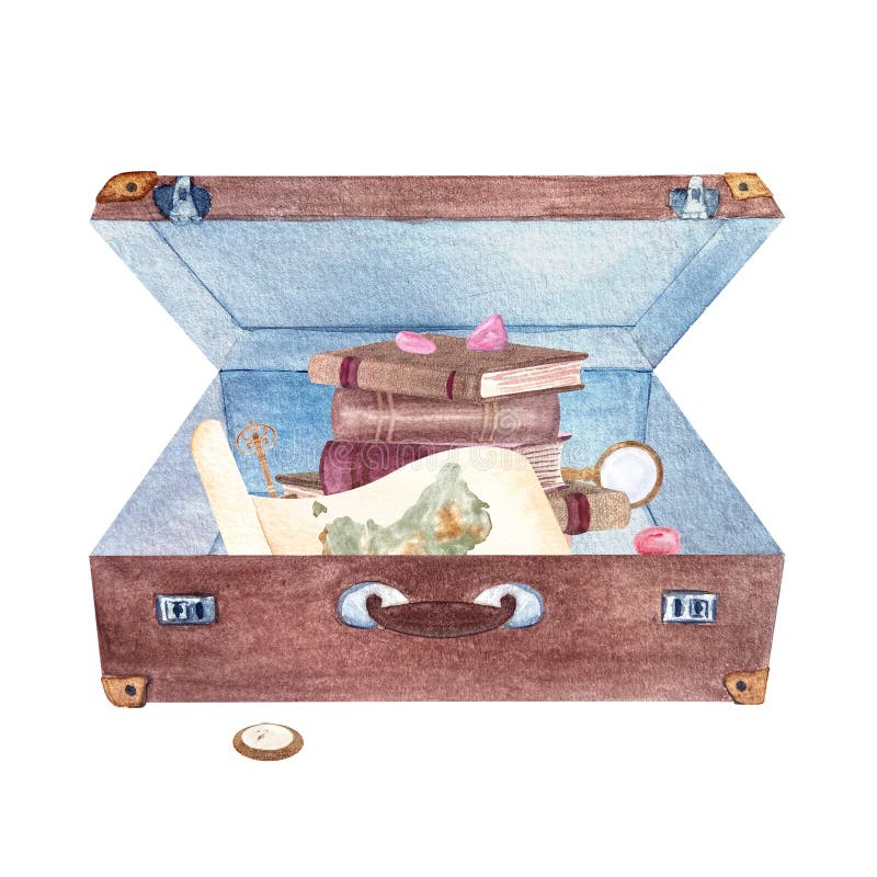 An Open Vintage Brown Suitcase with Stack of Books, a Map, Memorabilia ...