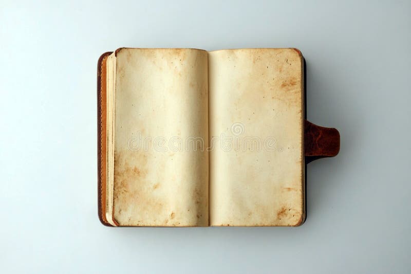 Open Vintage Notebook with Empty Stained Pages and Leather Cover Lying ...