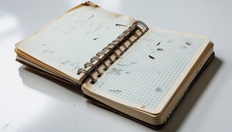 Open Vintage Notebook with Spiral Binding and Handwritten Notes on Grid ...