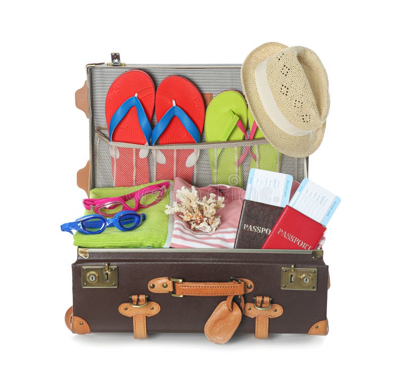 Open Vintage Suitcase with Different Beach Objects Packed for Summer ...