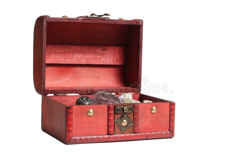 Open Vintage Wooden Storage Box with Chakra Stones Inside Isolated on ...