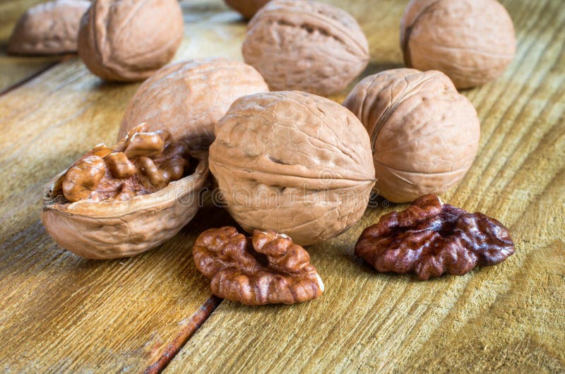 Open Walnut, Grain of Walnut, on a Wooden Table Stock Image - Image of ...