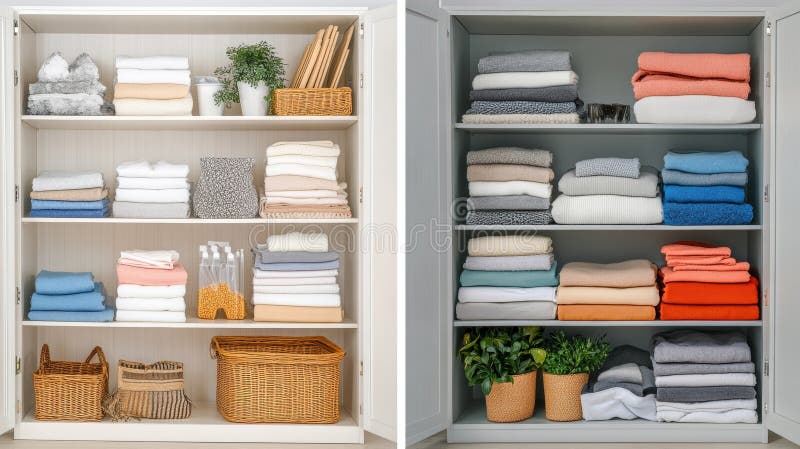 Open Wardrobe Closet with Orderly Folded Clothes. Two Storage Ideas ...