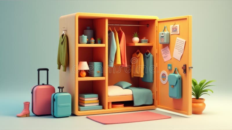 Open Wardrobe with Luggage and Personal Items Stock Illustration ...