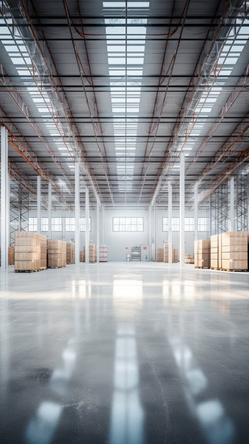 Open Warehouse Environment with Rows of Pallets Under Skylights ...
