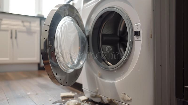 Open Washing Machine with Spilled Detergent in a Modern Kitchen. Stock ...