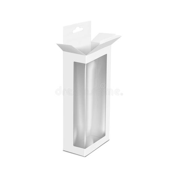 Open White Blank Vertical Rectangle Paper Box with Clear Plastic Window, Header Tab and Euro ...