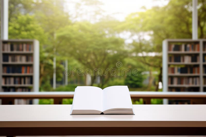 Open White Book on the Table Under Blurred Library with Shelfs Stock ...