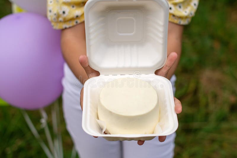 An Open White Box with a Cream Bento Cake in the Hands of a Person ...
