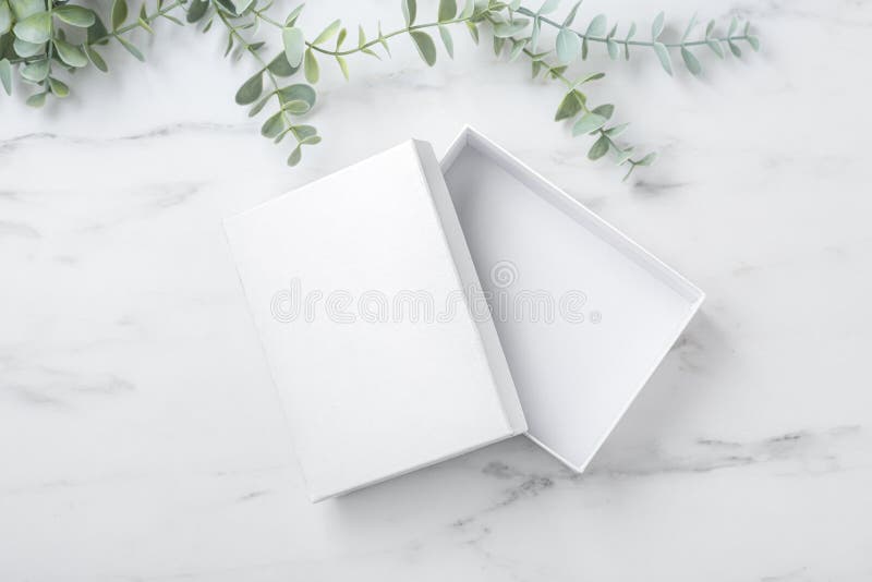 Open White Box Mockup on Marble Table Stock Image - Image of branding ...