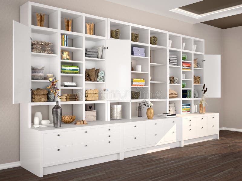 Open White Cabinets with Different Content Items. Stock Illustration ...