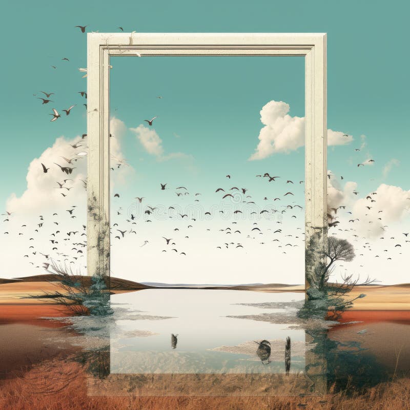 An Open White Door with Birds Flying in Front of it Stock Illustration ...
