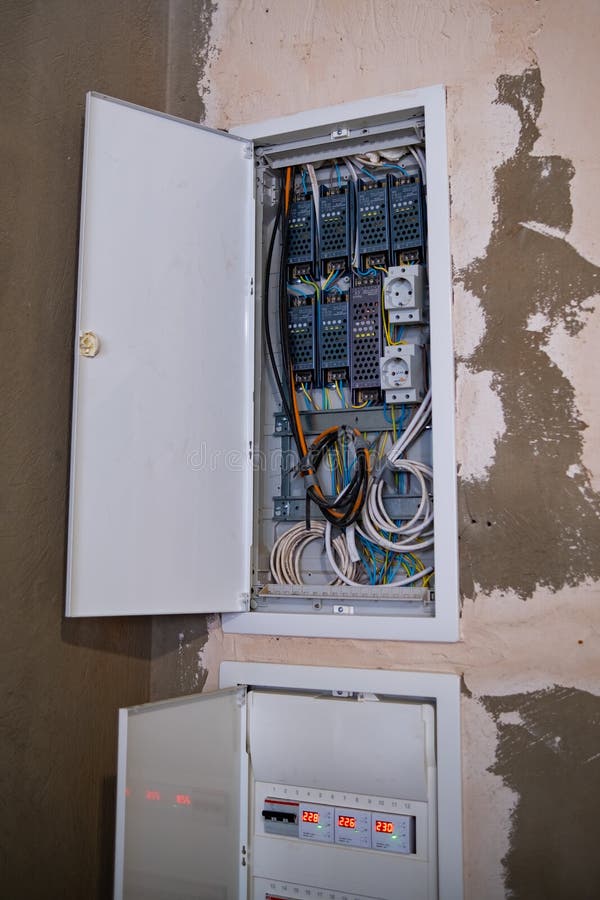 Open White Electrical Panel with Different Wires. the Danger Stock ...