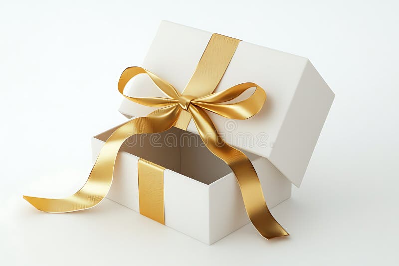 Open White Gift Box with Gold Satin Ribbon and Bow in Studio Lighting ...